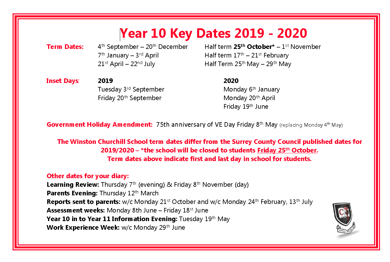 Key Dates For Year 10 Parents – The Winston Churchill School