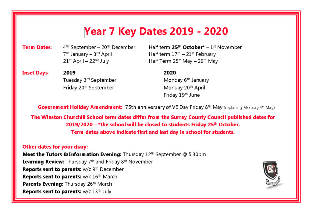 Key Dates For Year 7 Parents – The Winston Churchill School